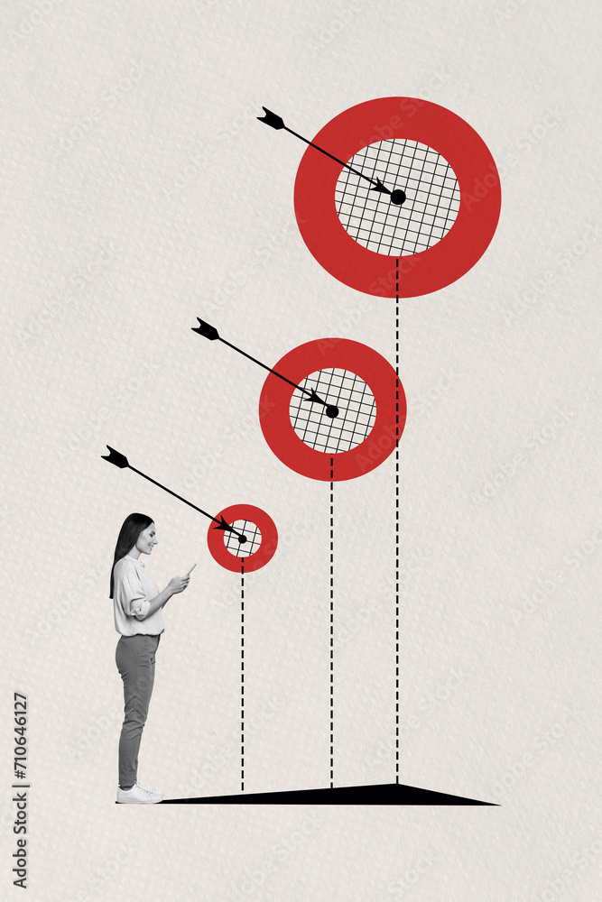 Vertical collage poster young successful girl hit target perfect ...