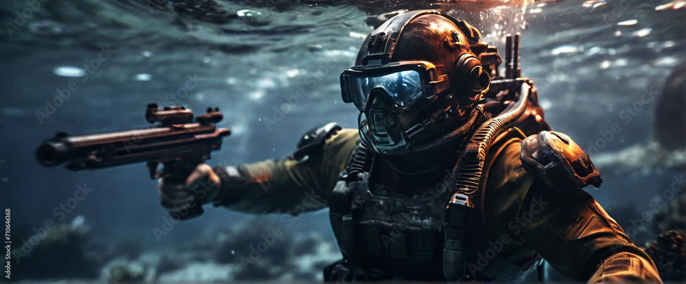 cyborg soldier fighting in underwater in ocean zone using weapon ...