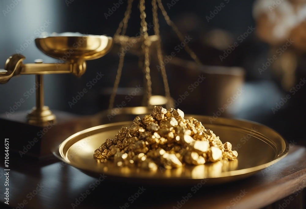 Trade and exchange Weighing a gold nugget on a old brass scale dish for ...