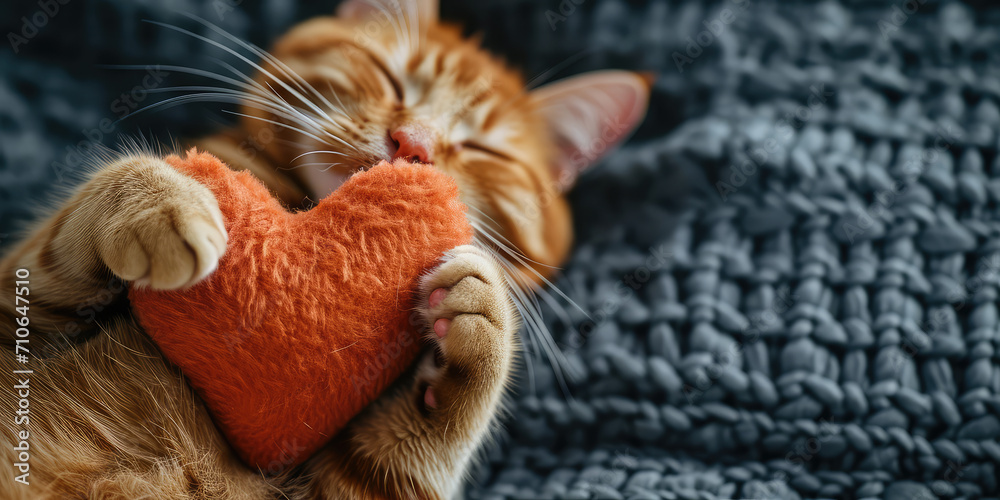 Orange Tabby Cat Holding Red Heart. Close-up of a tabby cat with a ...