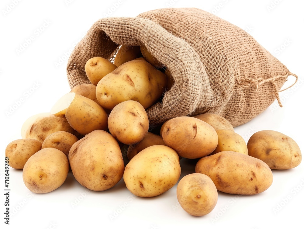 Fresh potatoes spilling out of a rustic burlap sack. The potatoes, with ...