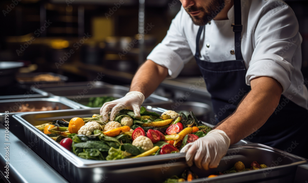 Chef in a commercial kitchen practicing sustainability by sorting ...