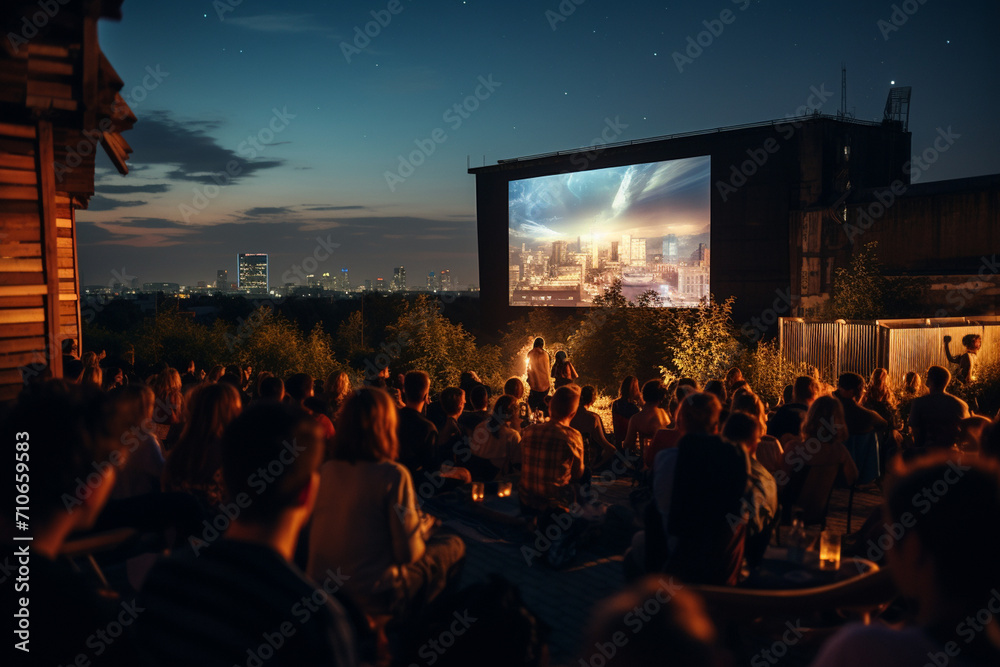 ภาพประกอบสต็อก A rooftop movie night with modern youth enjoying a film ...