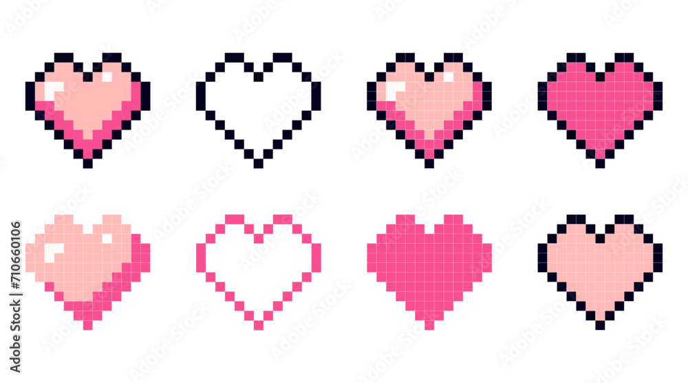 Set of different pink hearts in pixel art style. Pixel icon, vector ...