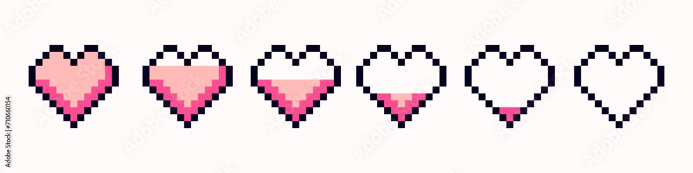 Set of different pink hearts in pixel art style. Pixel game life bar ...