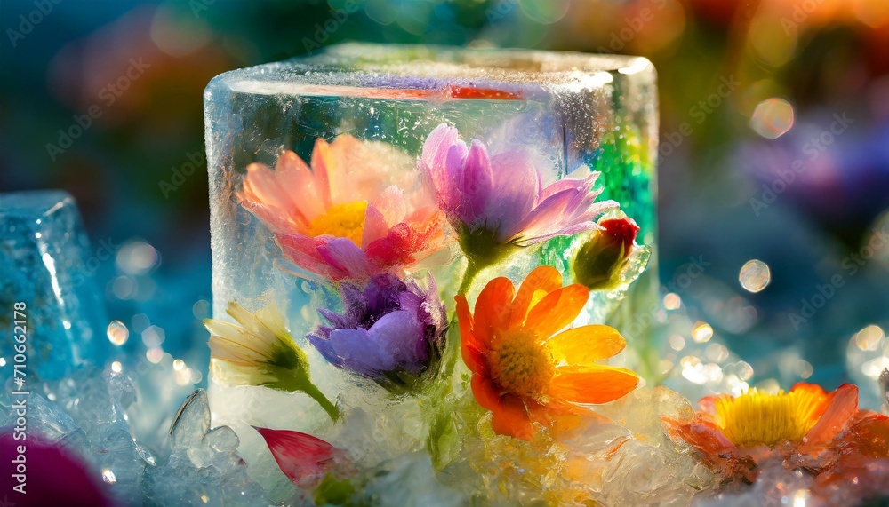 a surreal and captivating scene of pretty flowers encased in an ice ...