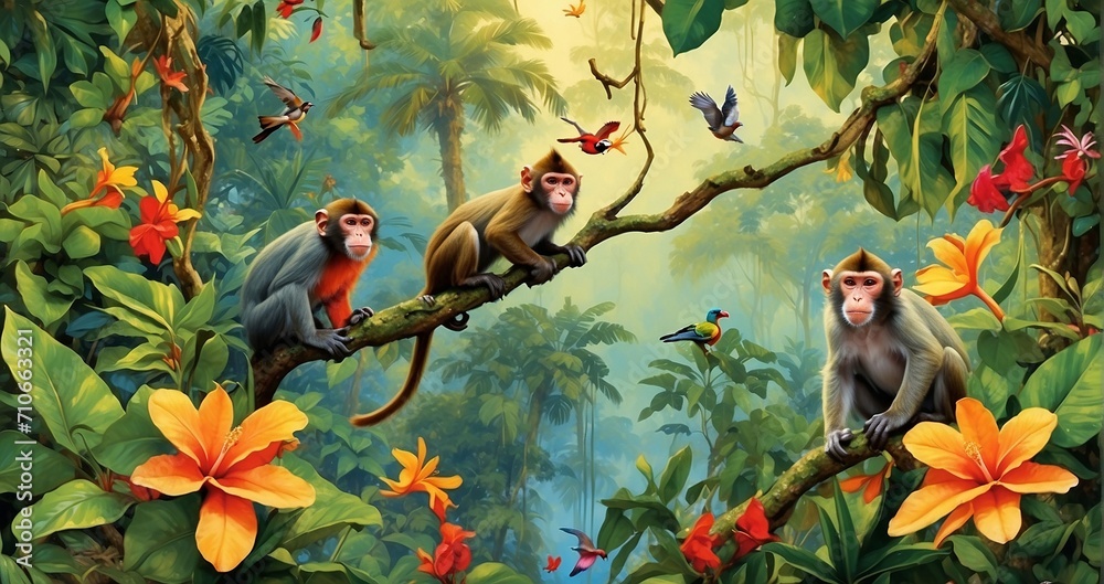 An image of a lush tropical rainforest canopy teeming with life. Show a ...