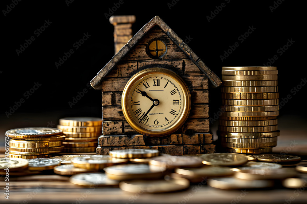 Miniature house clock with stacked coins on a dark background ...
