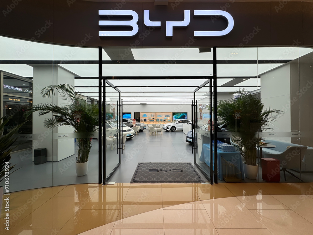 Shanghai,China-Jan.16th 2024: BYD electric car retail store. Chinese EV ...