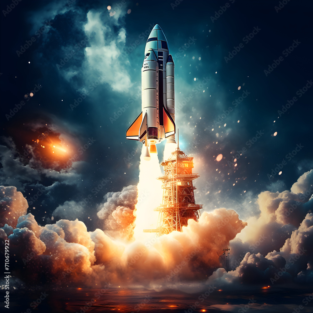 Space modern technology rocket with smoke and blast takes off to the ...
