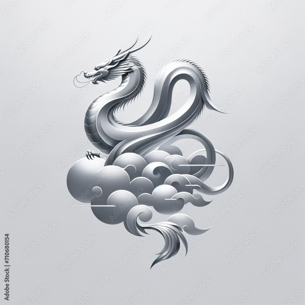 minimalist realistic art illustrations of a mythical silver dragon on a ...