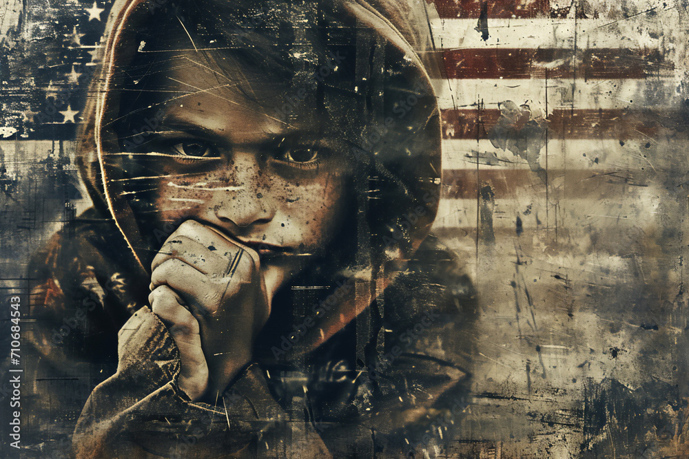 Poverty in the USA showing a homeless underprivileged teenage boy in ...