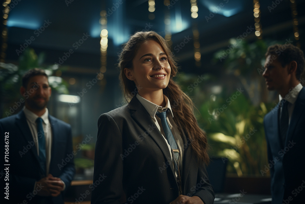 A businesswoman receiving accolades from her team for a successful ...