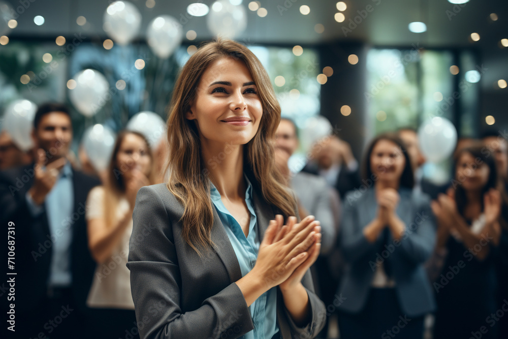 A businesswoman receiving congratulations and applause from colleagues ...