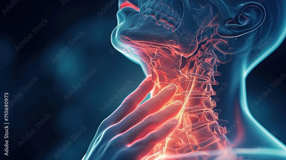 A person holding on to sore throat, lesion in tonsils, throat disease ...