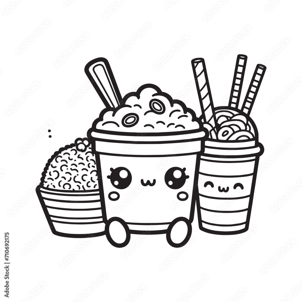 kawaii food coloring page Vector doodle illustration with Hand-drawn ...
