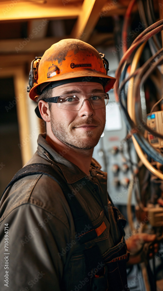 Electrician at work with a friendly smile, wearing hard hat. Work ...