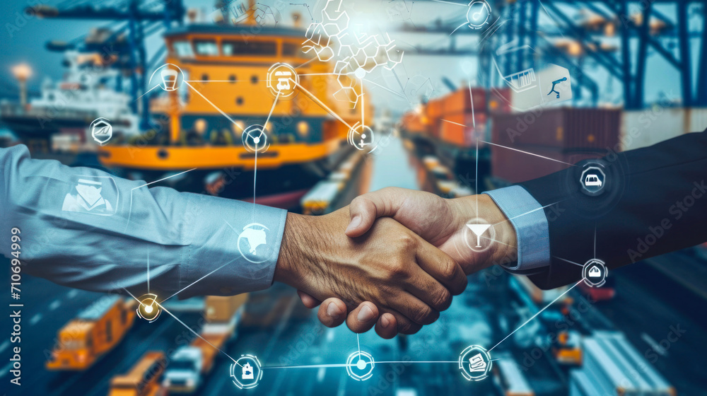 Innovative Logistics Collaboration: Handshake and Digital Icons Stock ...
