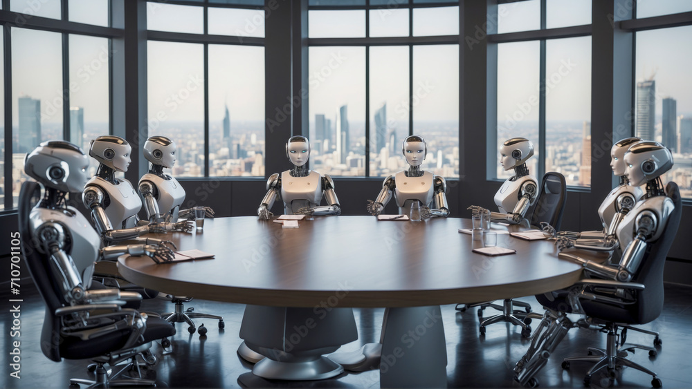 Futuristic executive board meeting in office tower: Artificial ...