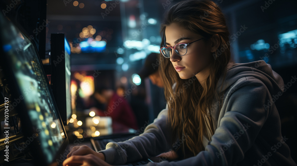 Young woman hacker with glasses typing on the computer in a computer ...