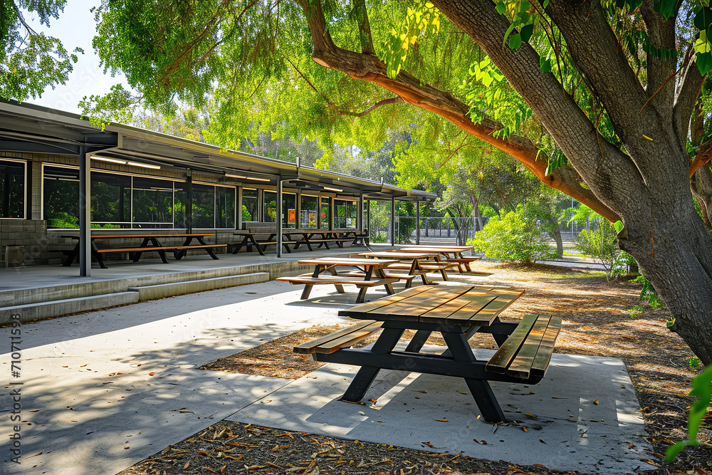 An outdoor school cafeteria featuring picnic tables for open-air dining ...