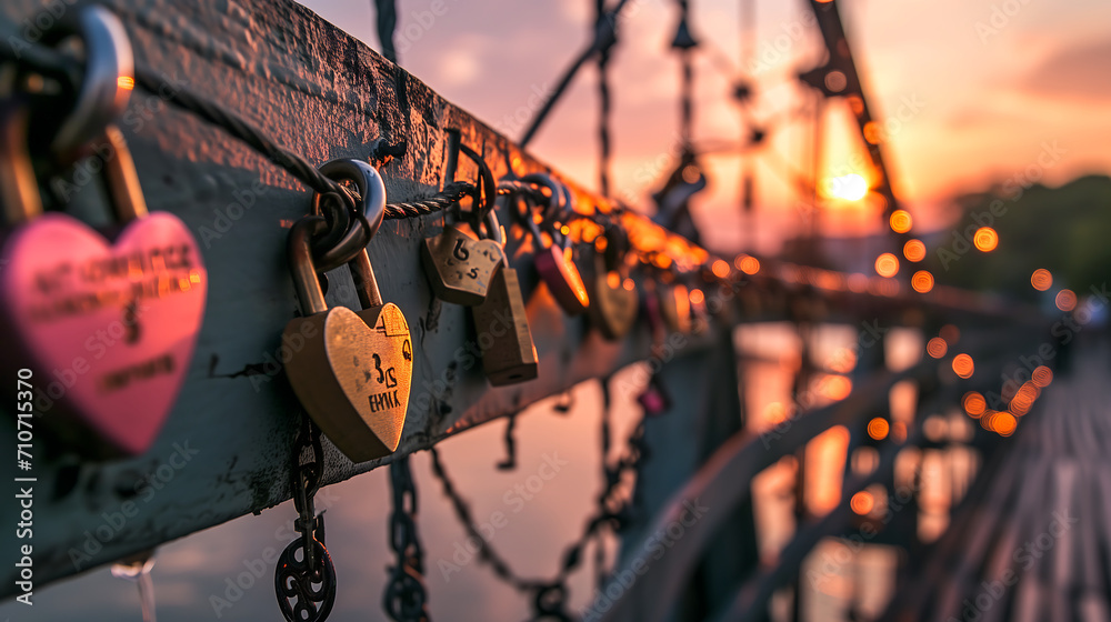 A bridge adorned with heart shaped padlocks against a sunset. Concept ...