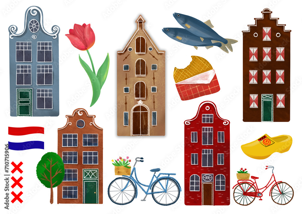 Holland netherlands tourism travel icon set with amsterdam architecture ...
