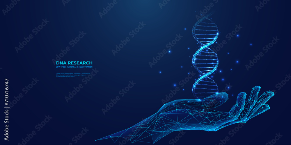 Abstract hologram of DNA helix in a hand on a blue background. Digital ...
