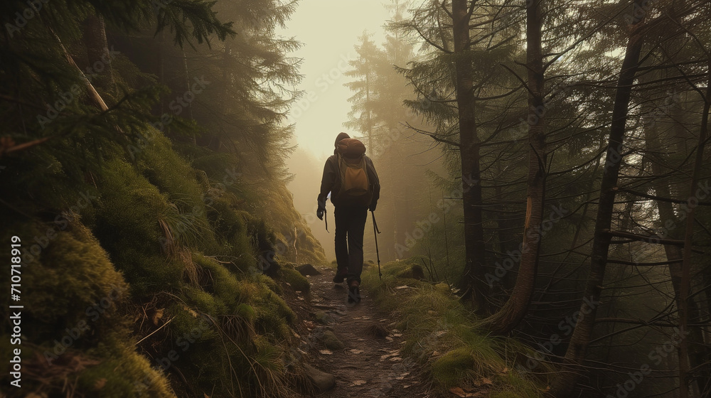 Der Mann ist ein Wanderer und geht seinen Weg durch den Wald Stock ...