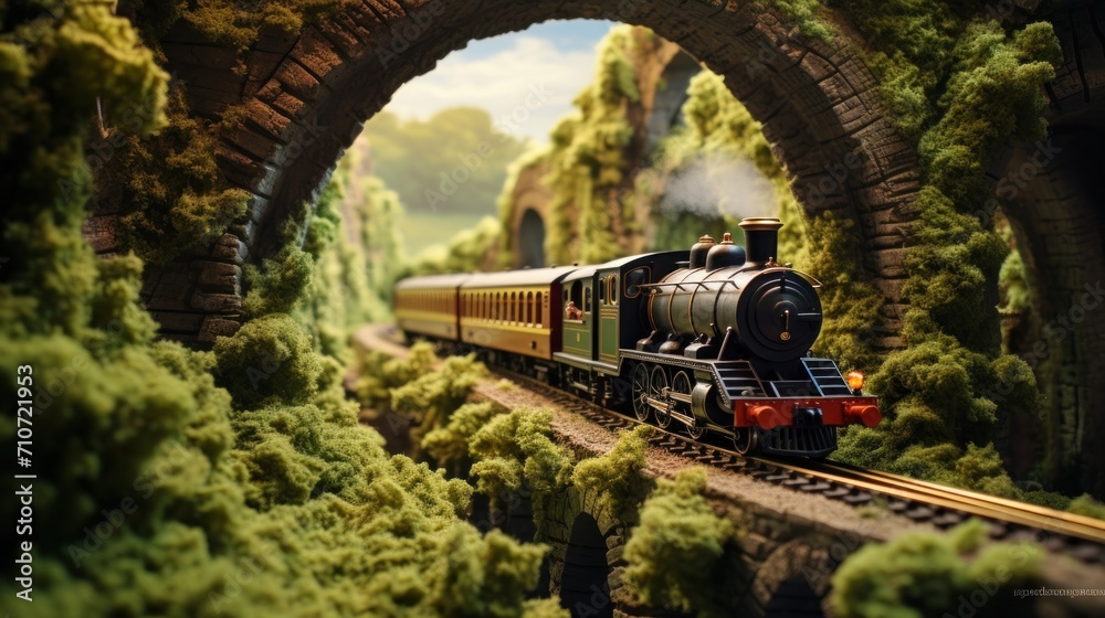 a toy train is coming out of a tunnel with moss growing on the side of ...