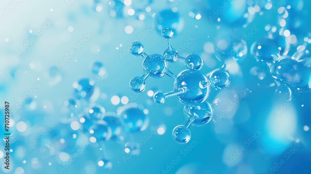 blue molecule atoms structures on blue liquid serum background. Science ...