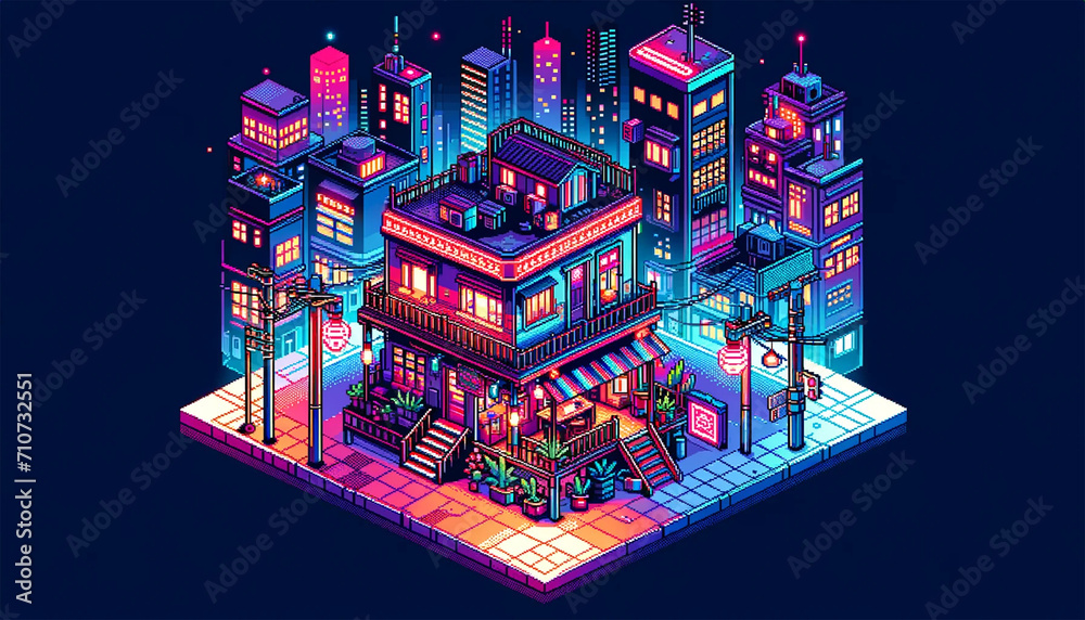 Pixel art style of a house in isometric view with an environment of ...