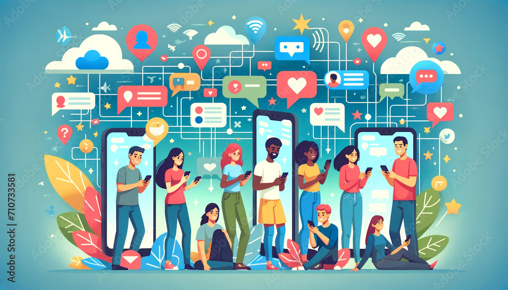 Cartoon flat vector illustration depicting the concept of social life ...