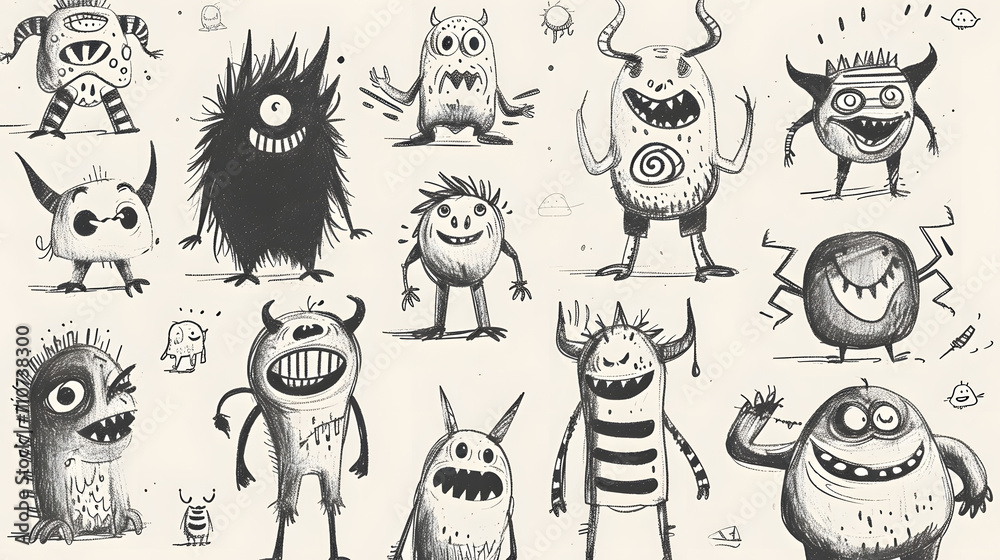 monsters Funny line hand-drawn aliens for coloring pages. Flat ...