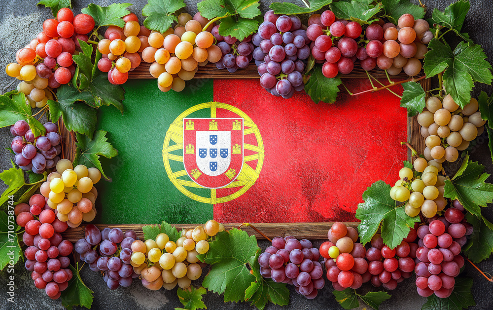 Portuguese wine and grapes banner. Portugal flag and vine frame with ...