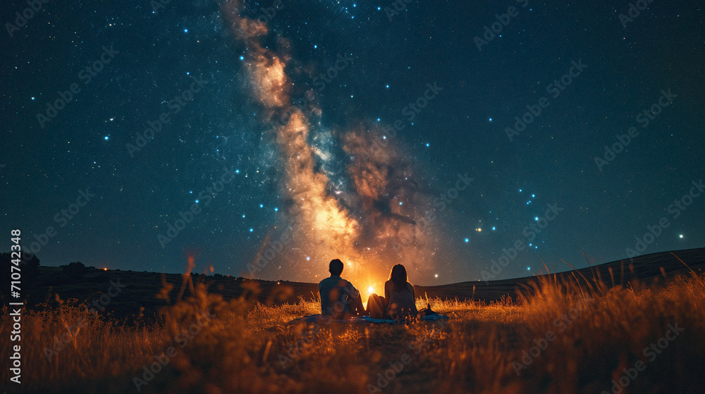 Starry Soiree: A group of friends lying on a picnic blanket in a meadow ...