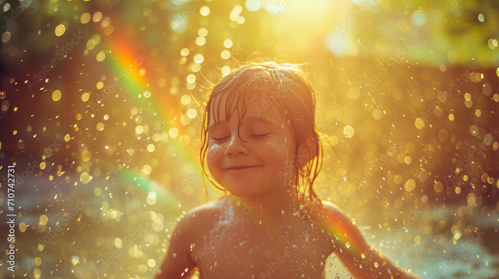 Summer Splash: A child leaping joyfully into a backyard pool, droplets ...