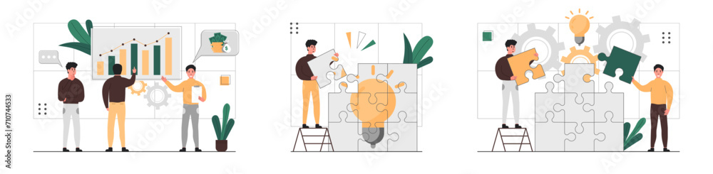 Teamwork and collaboration set. People cooperate, help and support each ...