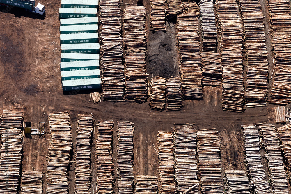 Aerial perspective revealing a stack of timber logs ready for shipping ...