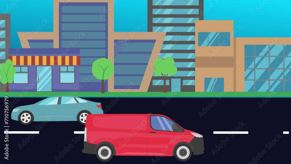 Running cars on the road in the the city, flat cartoon animation Stock ...