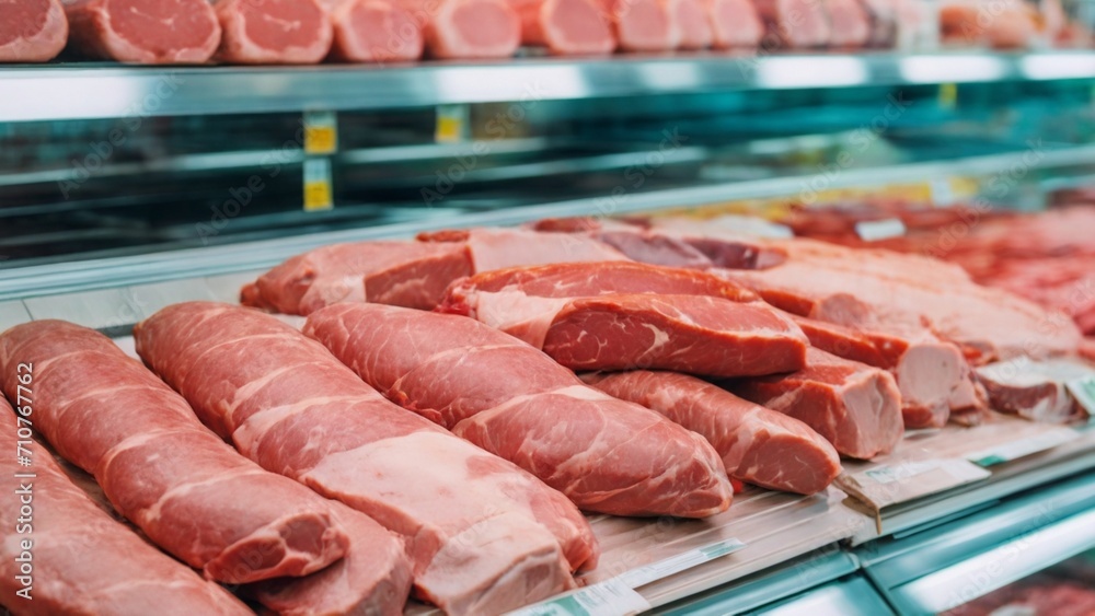 meat on a grill, Fresh organic meat food on a shelf in a supermarket ...