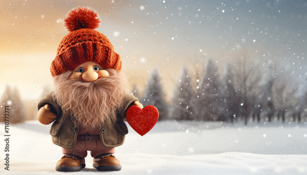 dwarf in a red hat with a pom pom stands in a clearing and holds a red ...