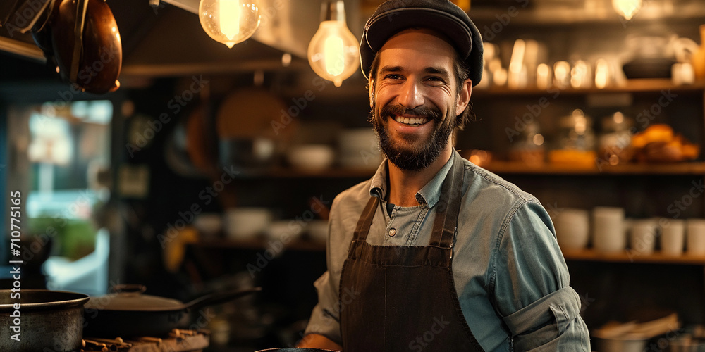 chef with an heirloom cast-iron skillet, kitchen setting with vintage ...