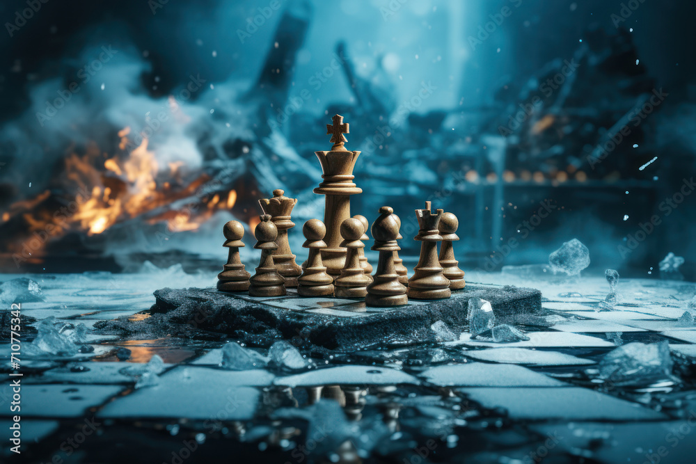 A chessboard with scattered pieces, frozen in the midst of a game that ...