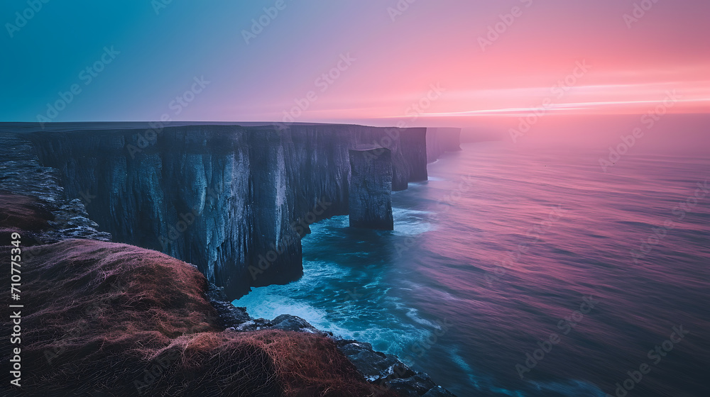 A cliffside view, with gradient neon oceans and pastel skies, during an ...