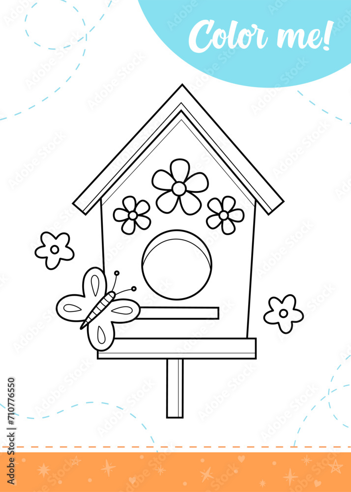 Coloring page for kids with cartoon birds feeder. A printable worksheet ...