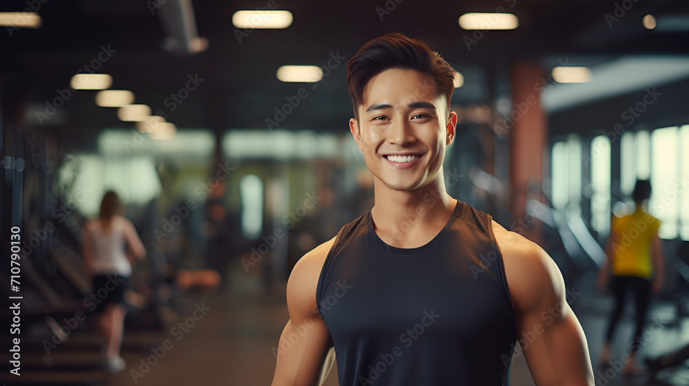 Muscular asian man in sportswear, fitness trainer smiling and looking ...