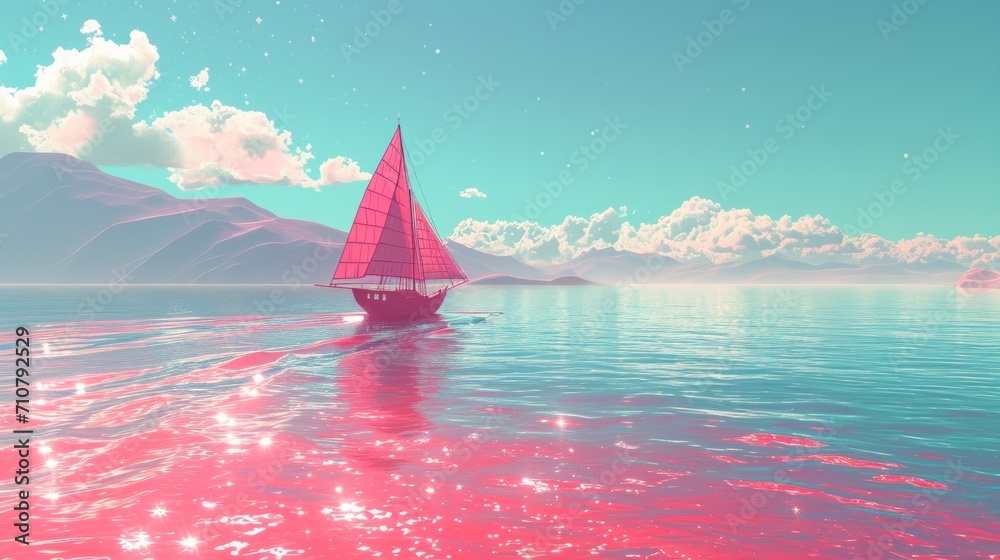 Synthwave, shot from the water,a chinese sail drifts over hills ...