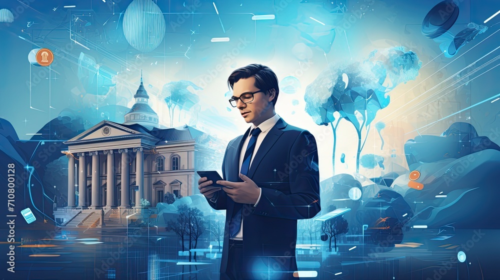 digital banking, a businessman presenting online banking and payments ...