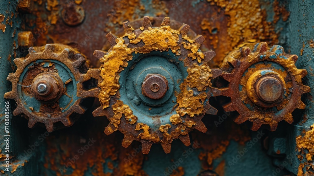 a close up of a rusted metal surface with two gears on one side and a ...